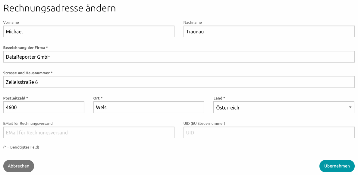 Rechnungsadressen | Datareporter Hilfeportal